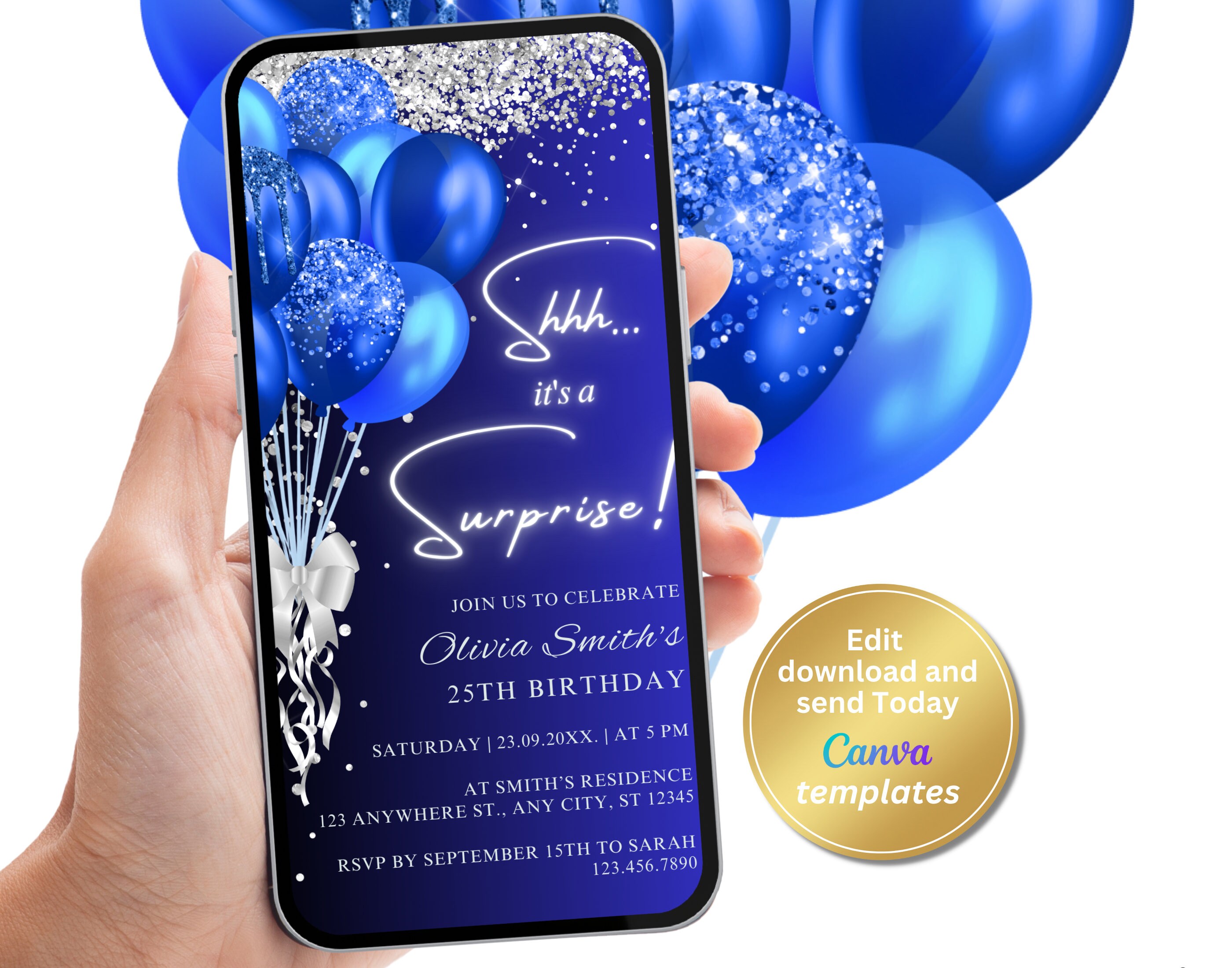 Digital Surprise Birthday Party Invitation, Blue Silver Surprise Invite ...