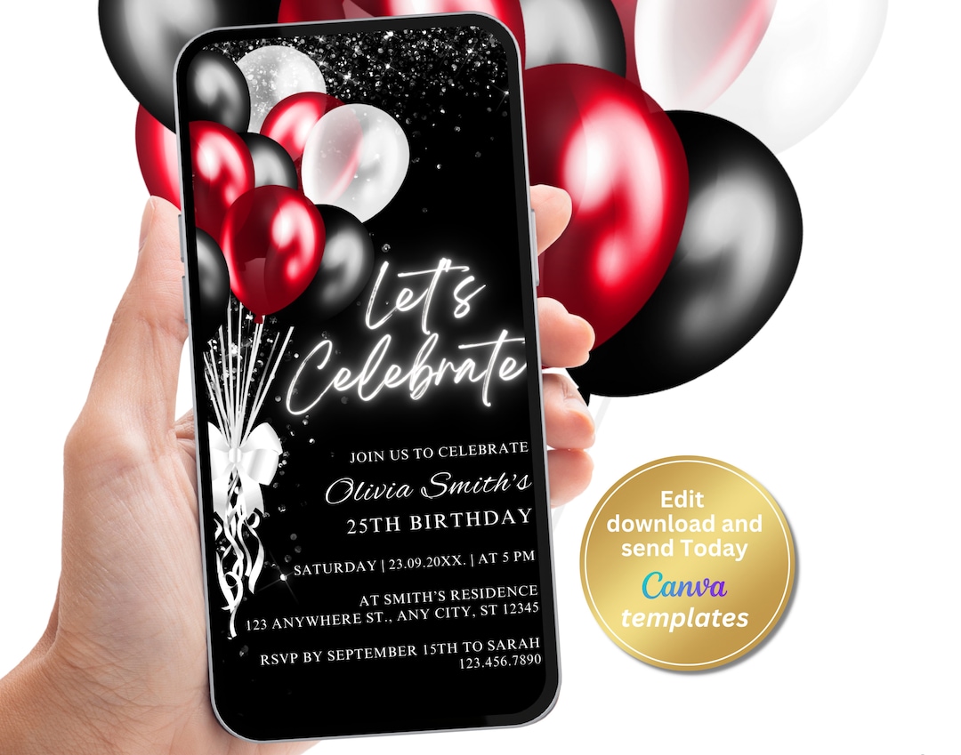 Digital Black Red Birthday Party Invitation, Balck Red White, Editable ...