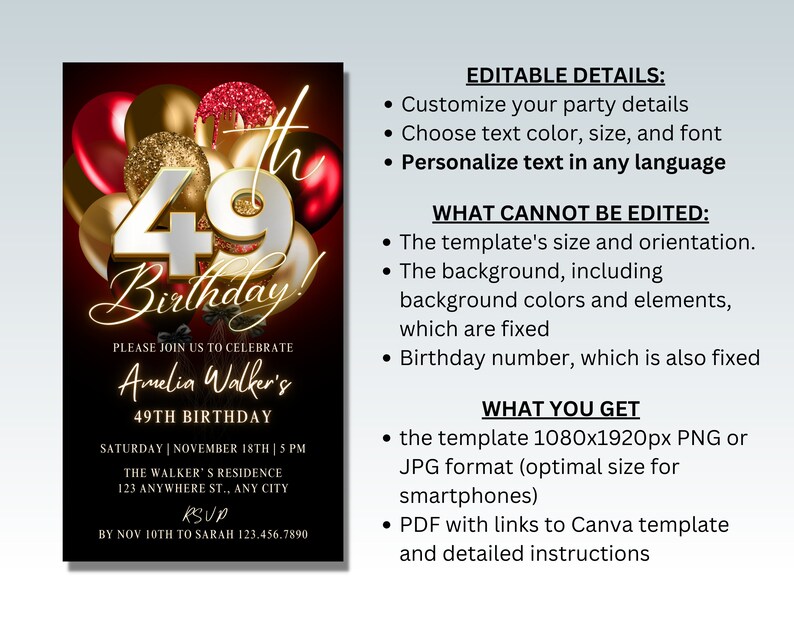 Digital 49th Birthday Party Invitation for Women, Red Gold Invite ...
