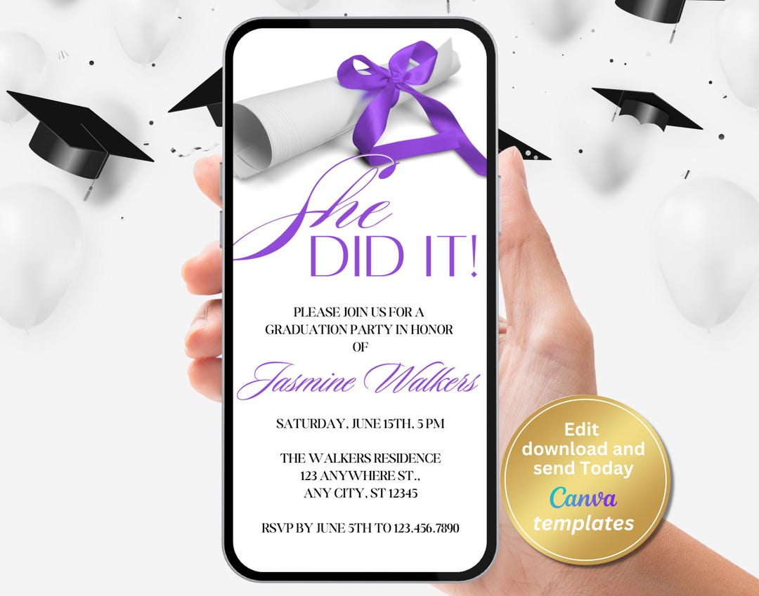 Digital Graduation Party Invitation, She Did It, Editable Template ...
