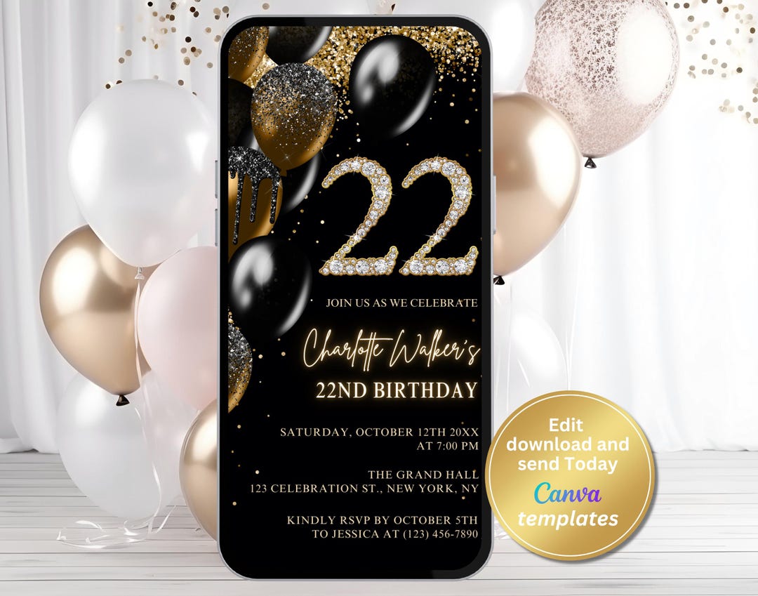 Elegant 22nd Birthday Invitation – Black & Gold Glitter Digital Invite ...