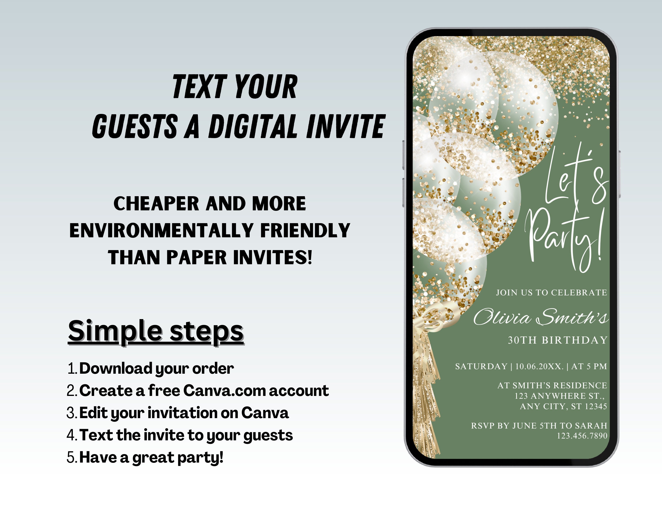 Digital Sage Green White Gold Birthday Party Invitation, Phone Text ...