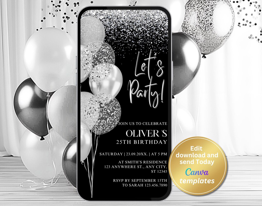 Black & Silver Birthday Invitation – Glitter Balloons Party Invite ...