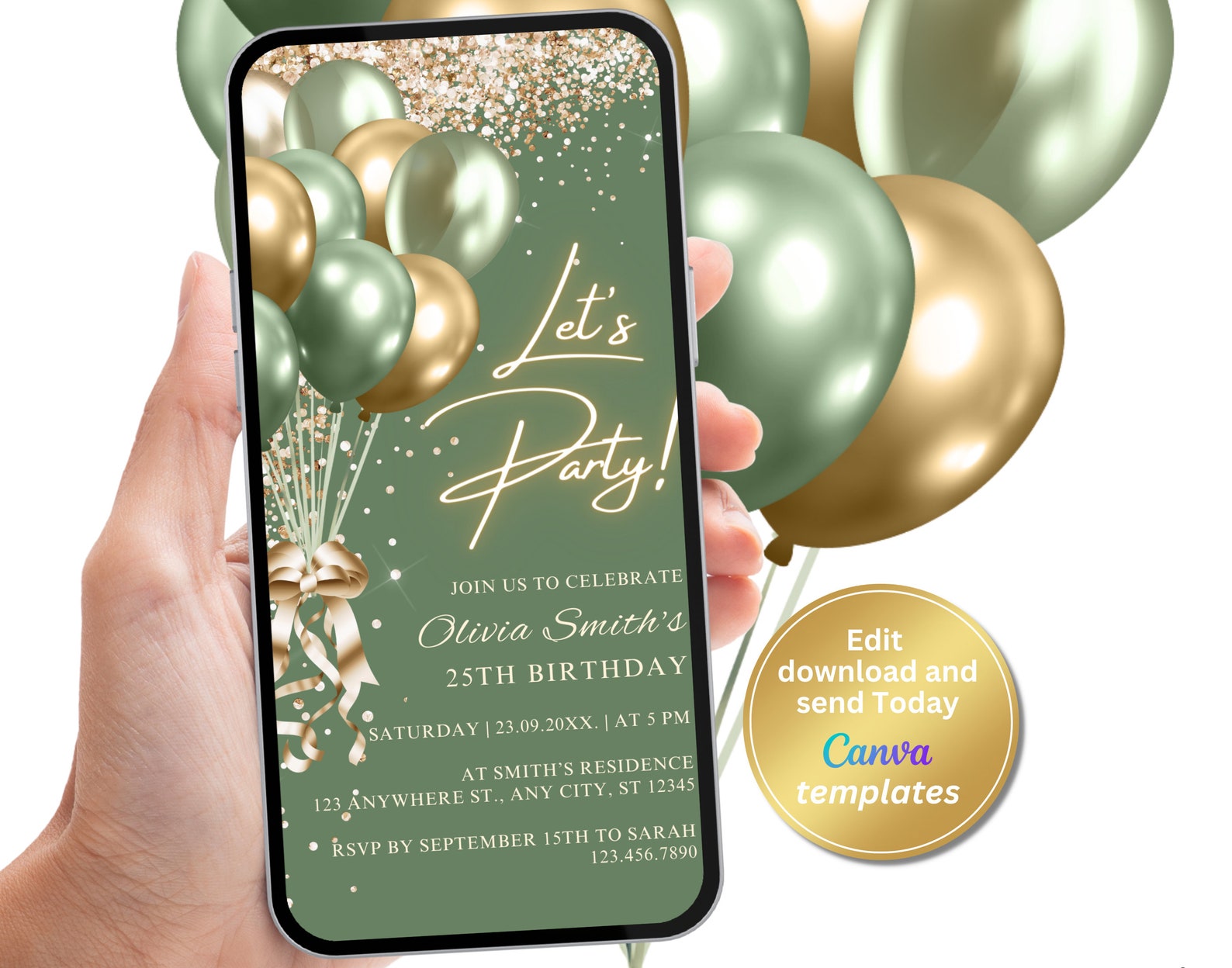 Digital Sage Green Birthday Party Invitation, Sage Green Gold, Editable ...