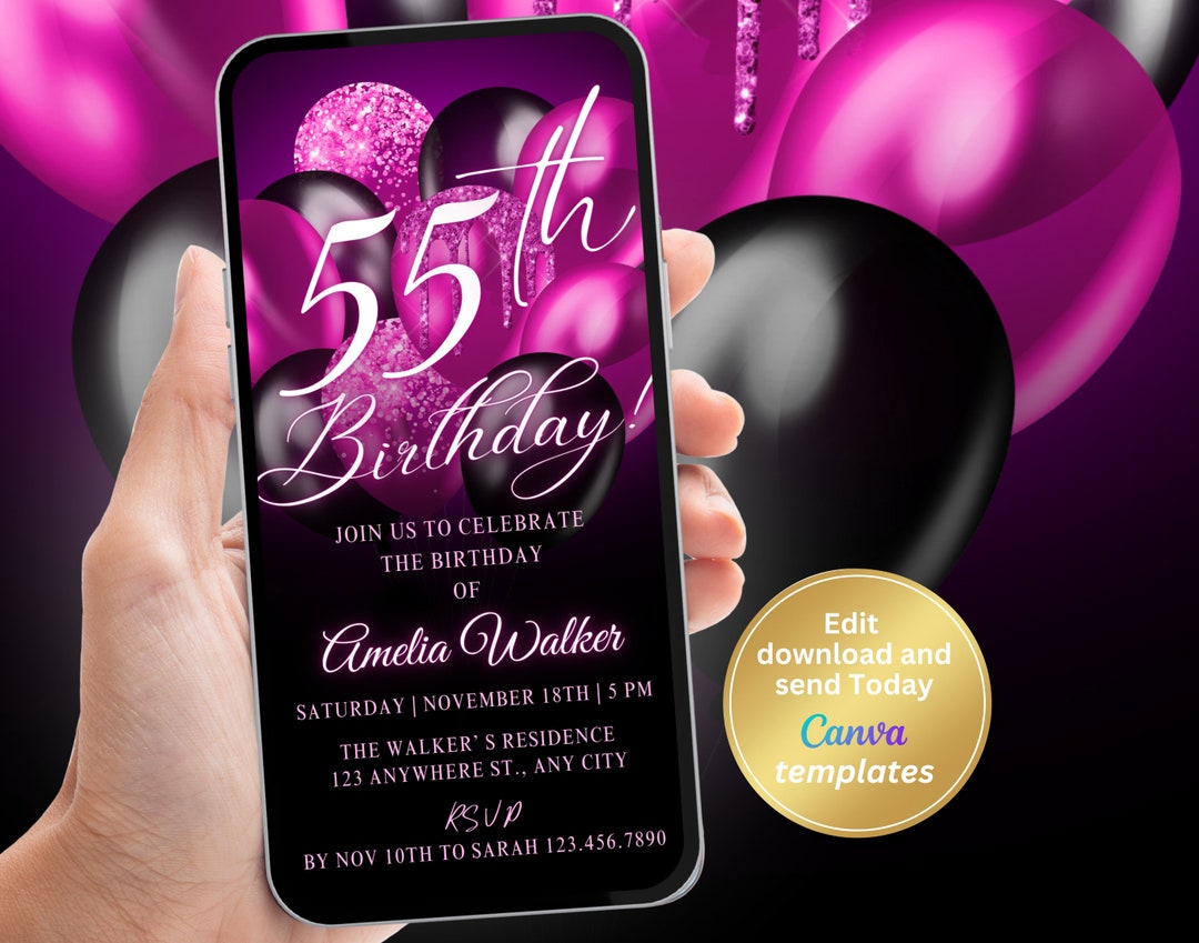 Digital 55th Birthday Invitation for Women Black Hot Pink - Etsy