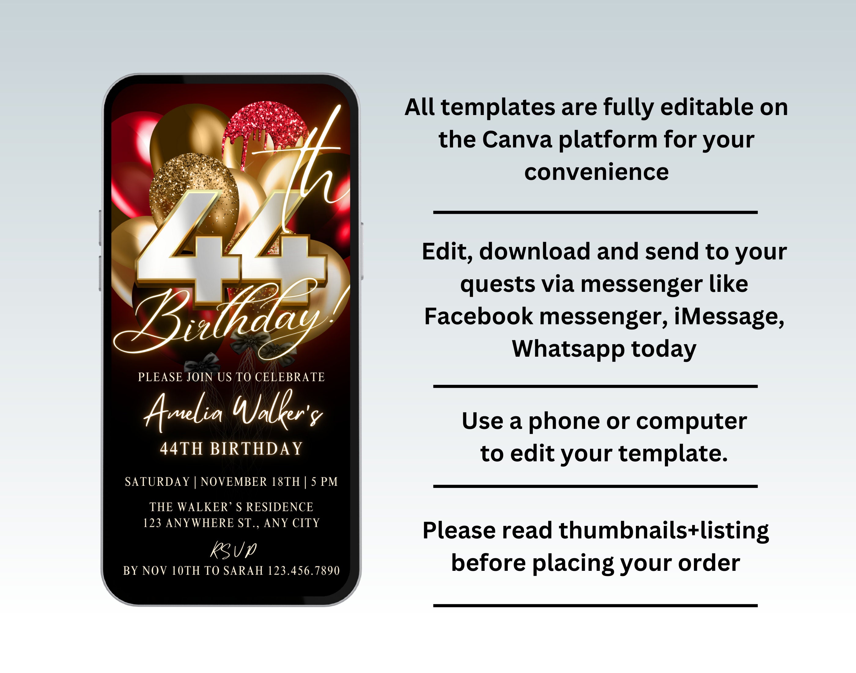 Digital 44th Birthday Party Invitation for Women, Red Gold Invite ...