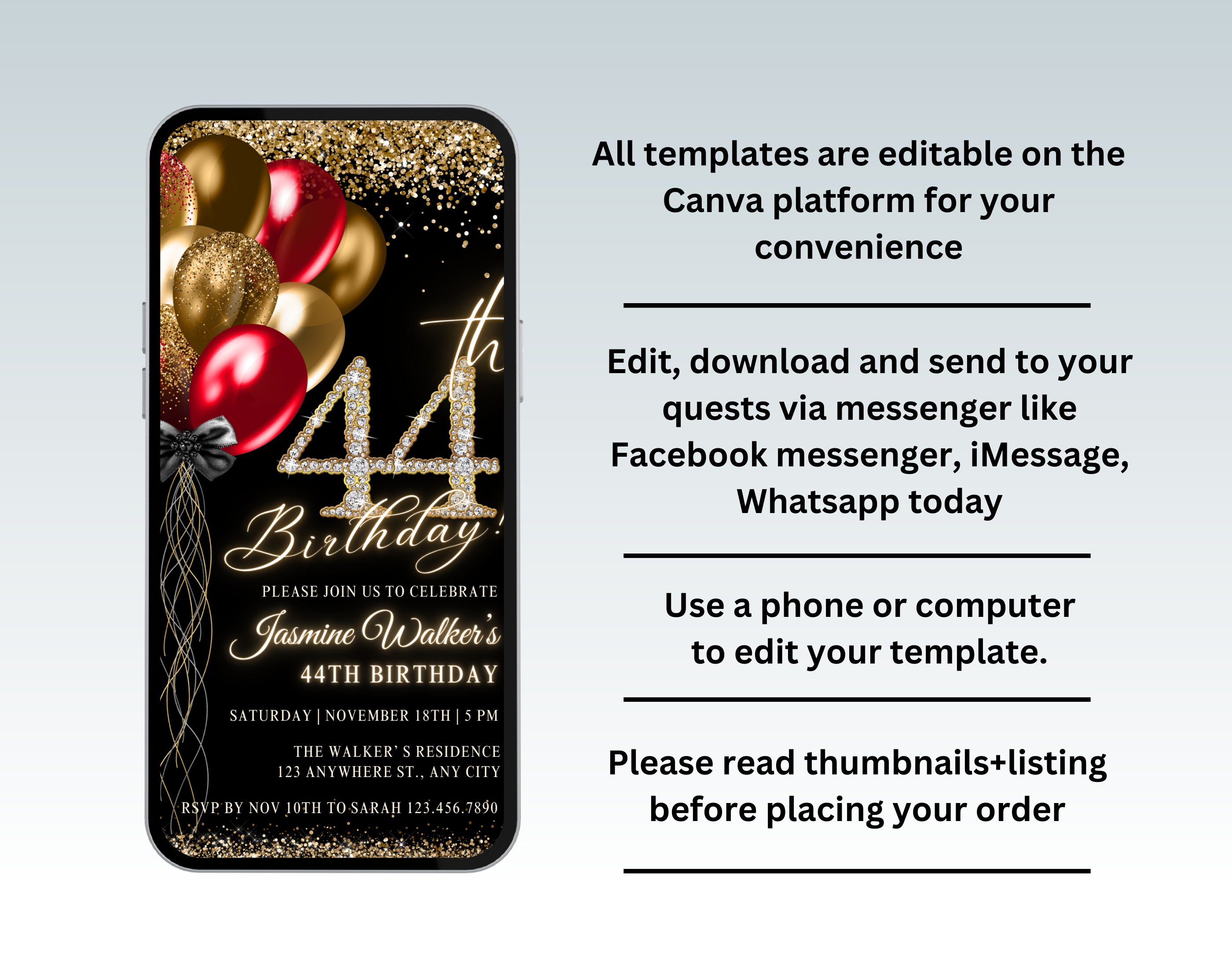 Digital 44th Birthday Invitation Template, Red Gold Invite, Editable ...