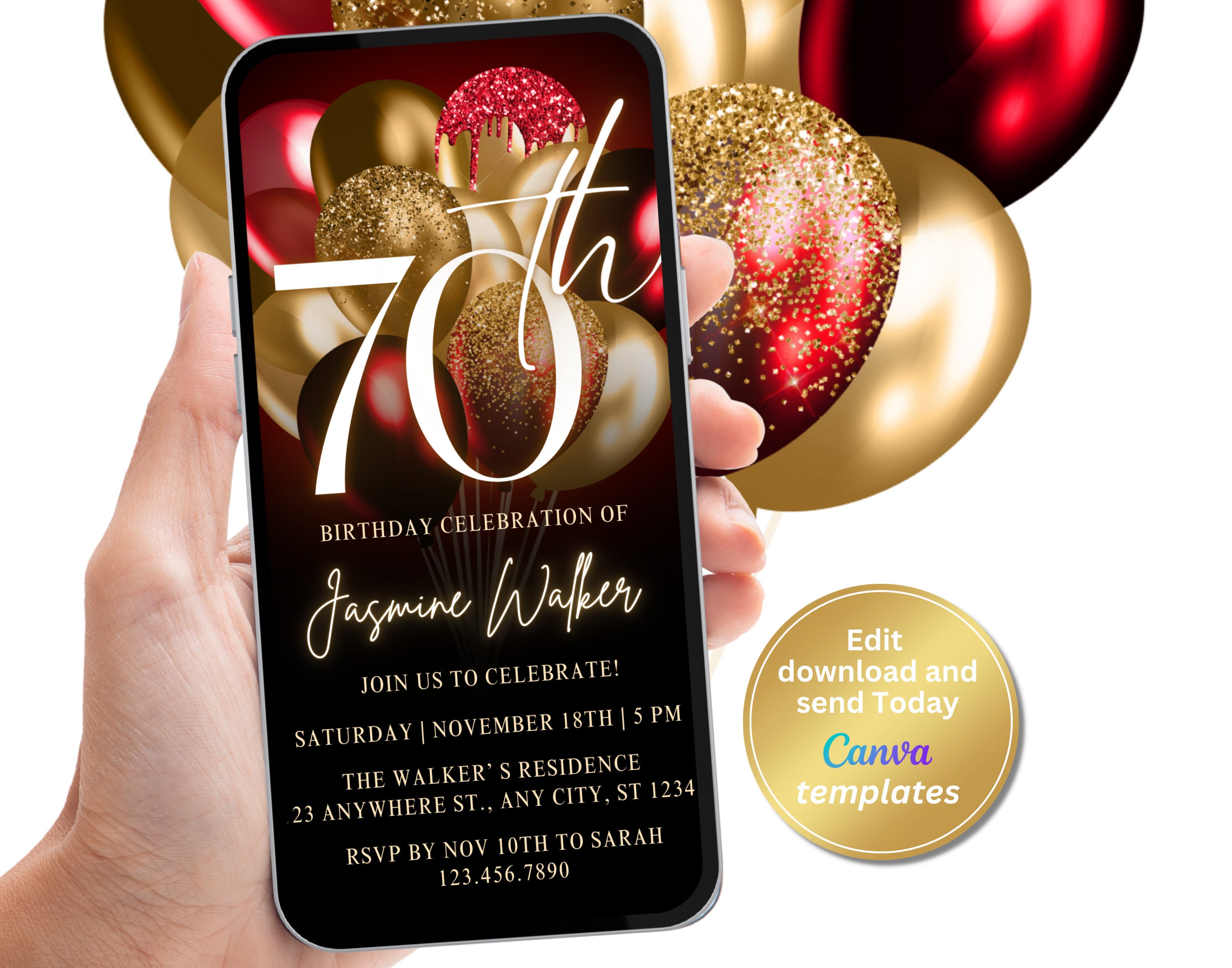 Digital 70th Birthday Invitation for Women Black Red Gold - Etsy