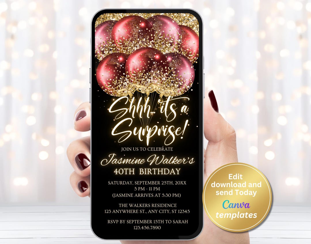 Digital Black Red Surprise Birthday Invitation, Shhh Surprise Party ...