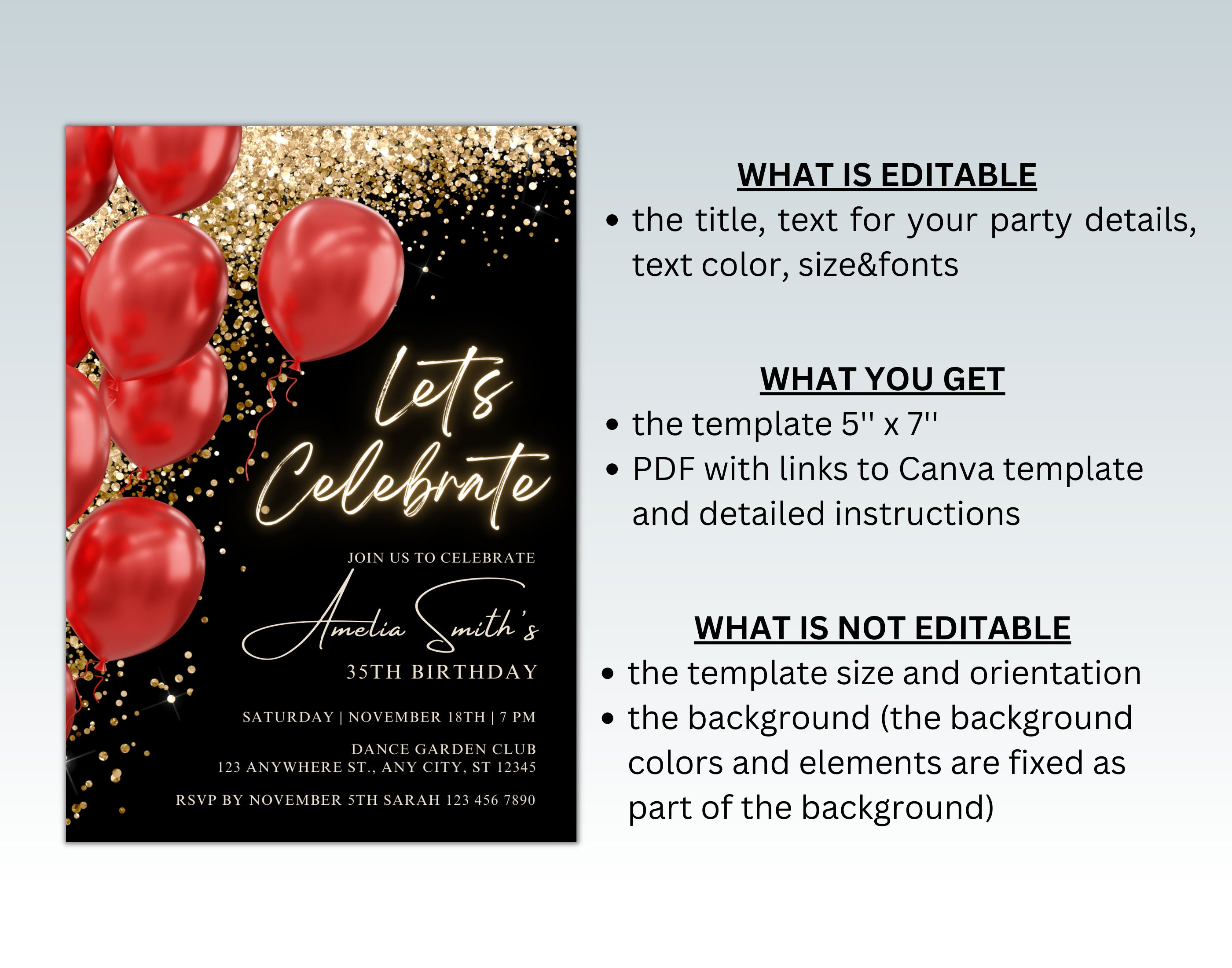 Editable Black Red Birthday Party Invitation Printable 5x7 - Etsy