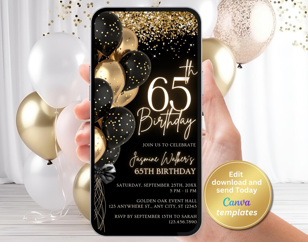 65th Birthday Invitation for Women, Digital Party Invite, Black Gold ...