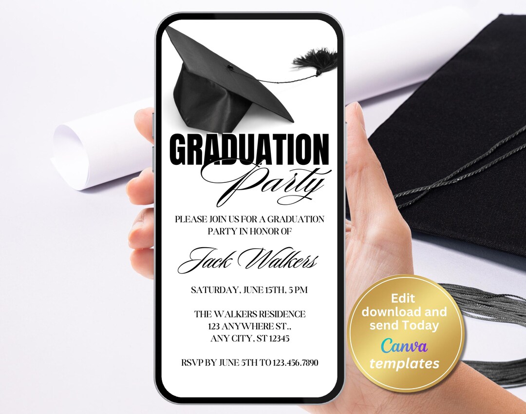 Digital Graduation Party Invitation, Editable Digital Template, Black ...
