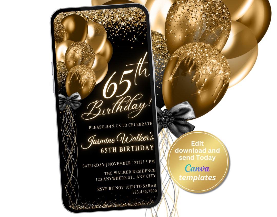 Digital Black Gold 65th Birthday Party Invitation, Womens Birthday ...