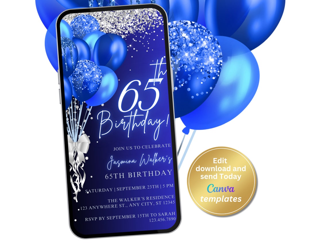 Digital 65th Birthday Party Invitation, Royal Blue, Silver, Phone Text ...