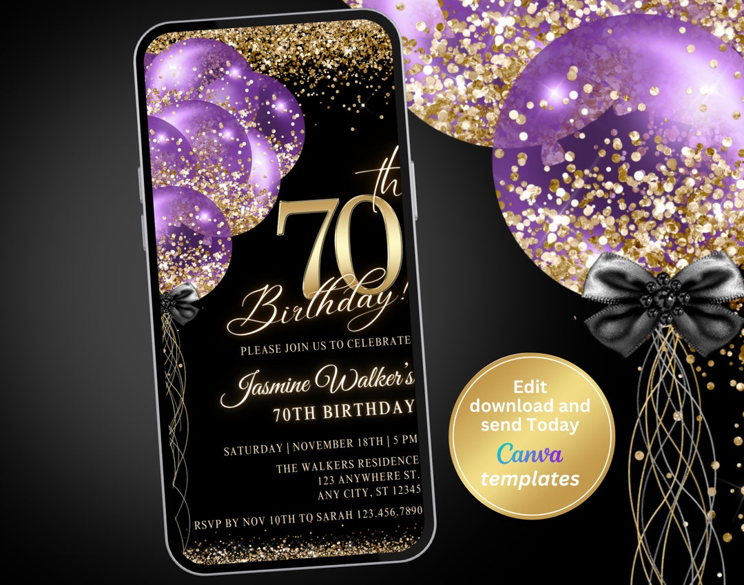 Digital 70th Birthday Party Invitation for Women, Black Purple Gold ...