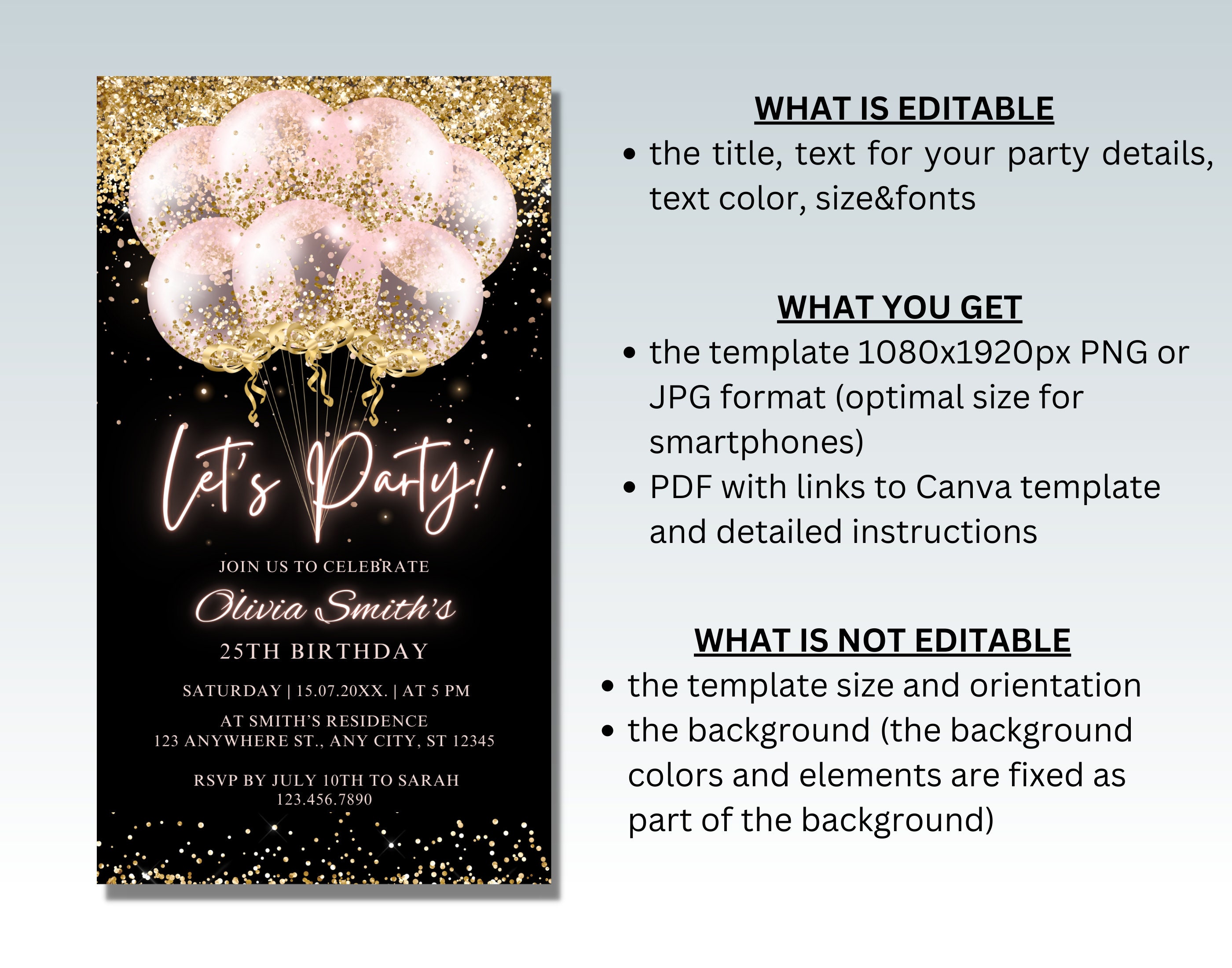 Digital Black Pink Birthday Party Invitation Gold Glitter - Etsy