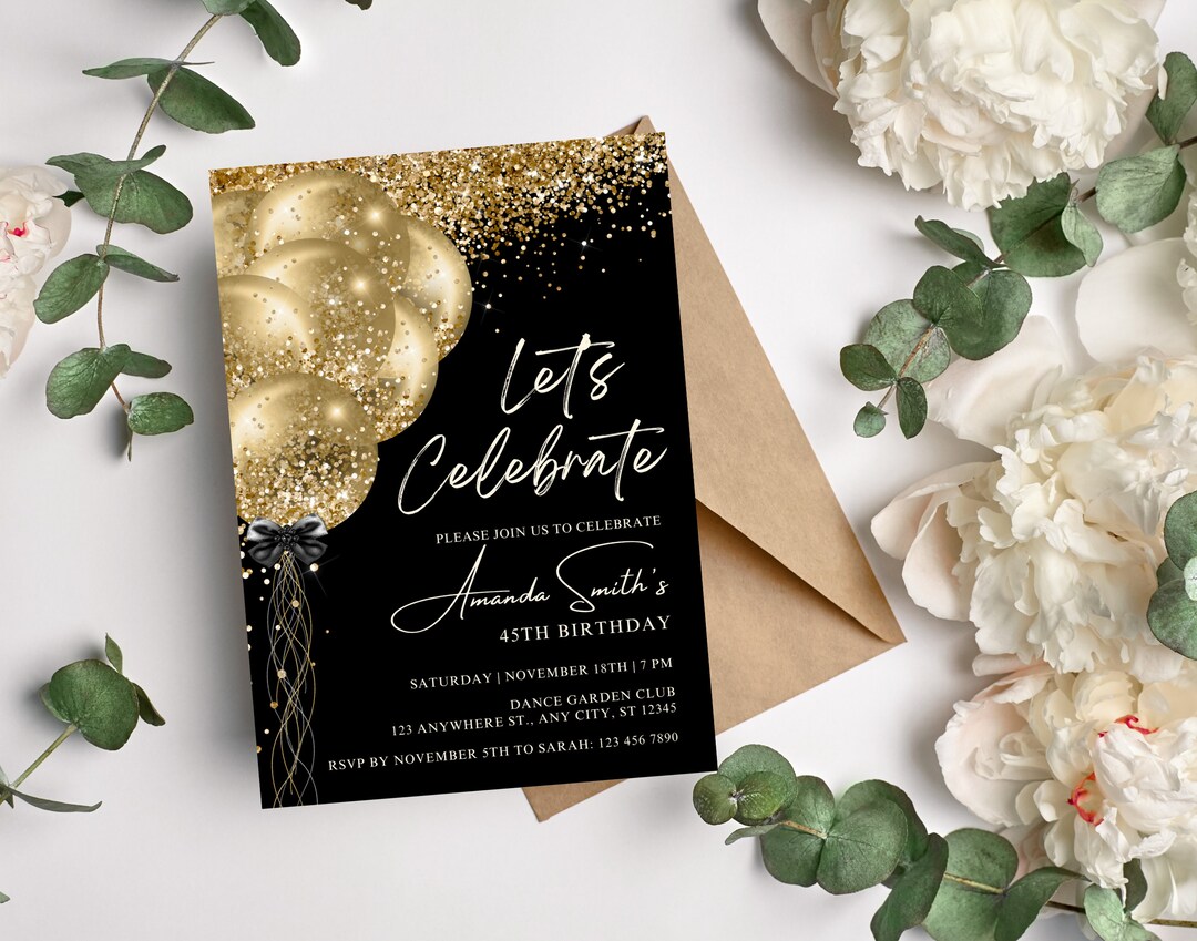 Editable Black Gold Glitter Birthday Party Invitation, Printable 5x7 ...