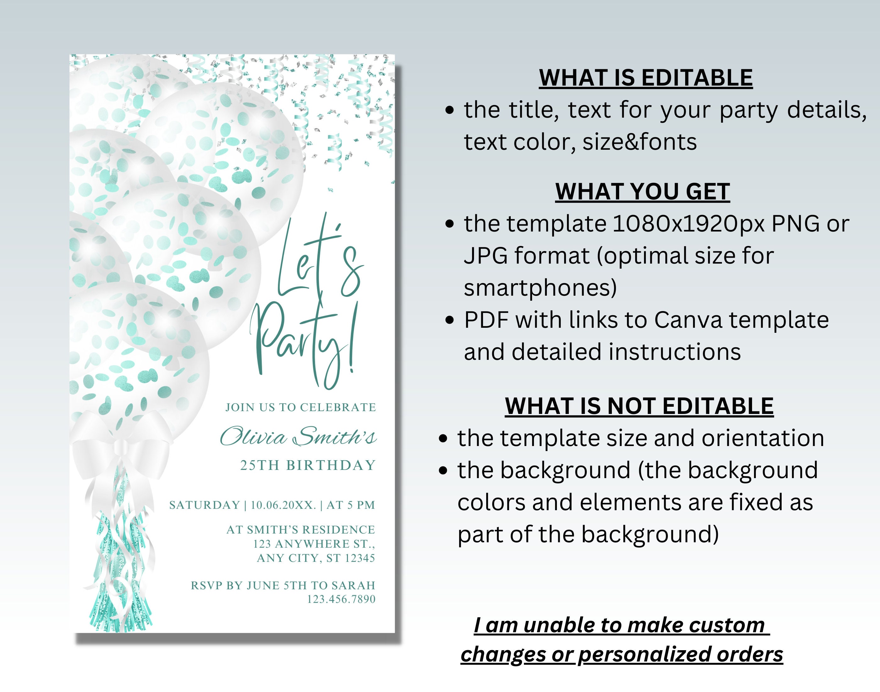 Editable White Turquoise Birthday Party Invitation Electronic - Etsy