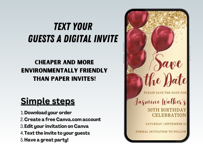 Editable Save the Date Invitation Template, Digital Gold and Red Invite ...