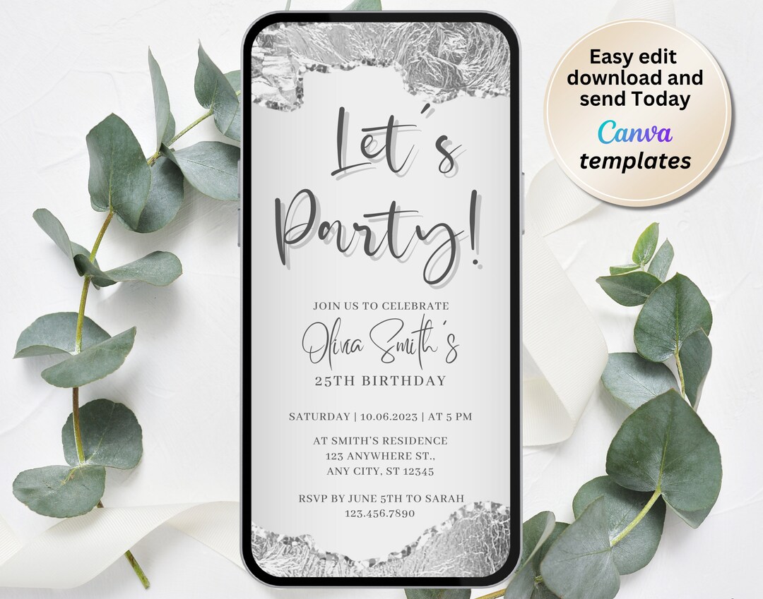 Editable Silver Birthday Invitation Digital Invitation Text - Etsy Portugal