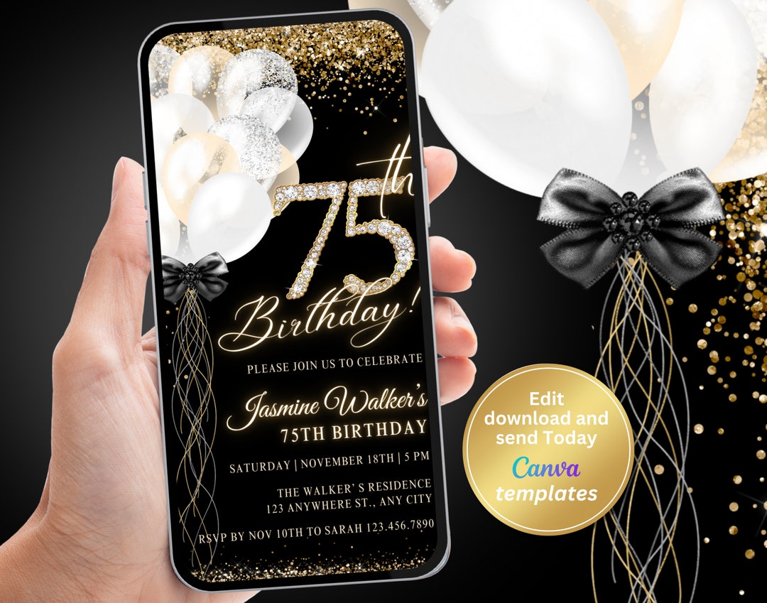 Elegant 75th Birthday Party Invitation With White Balloons and Gold ...