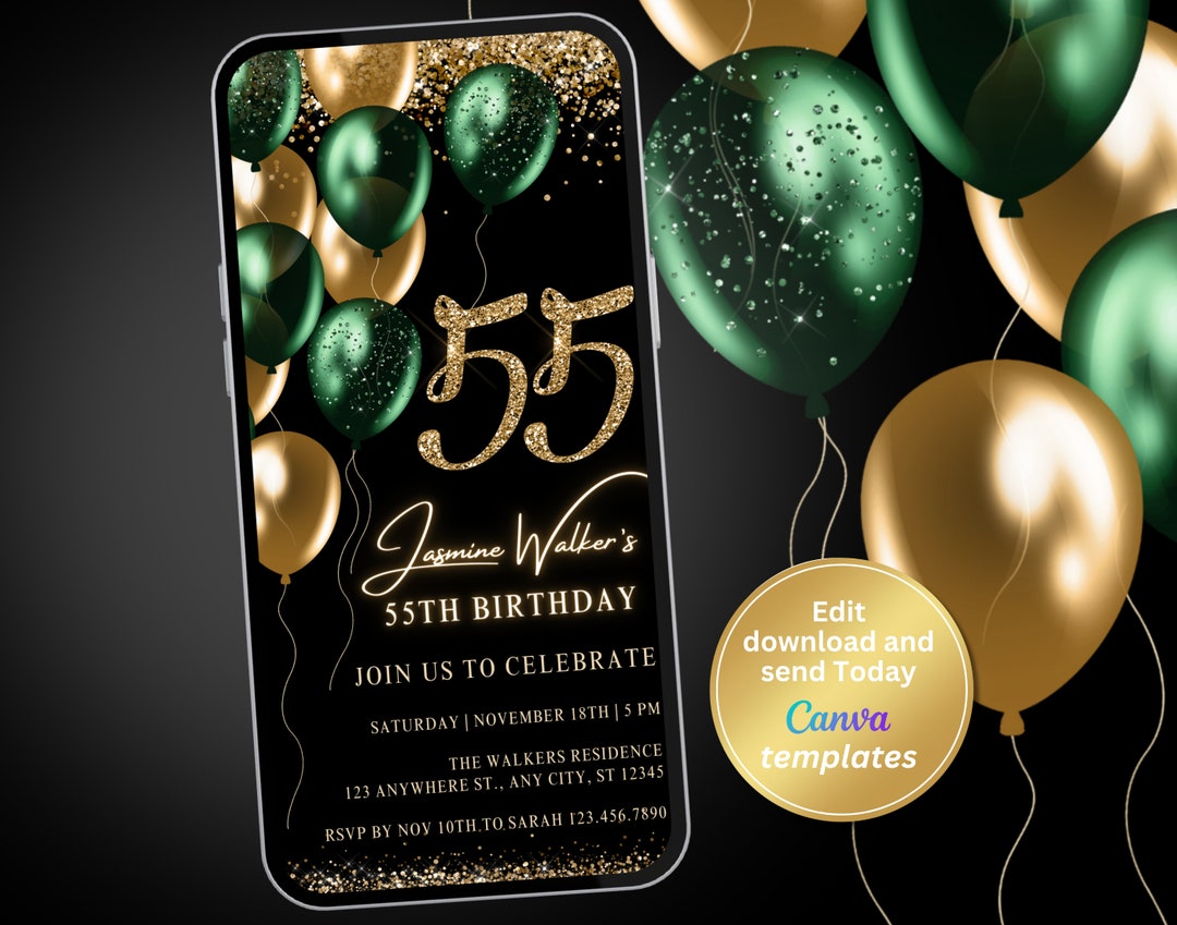 Digital 55th Birthday Party Invitation for Women, Emerald Green Gold ...