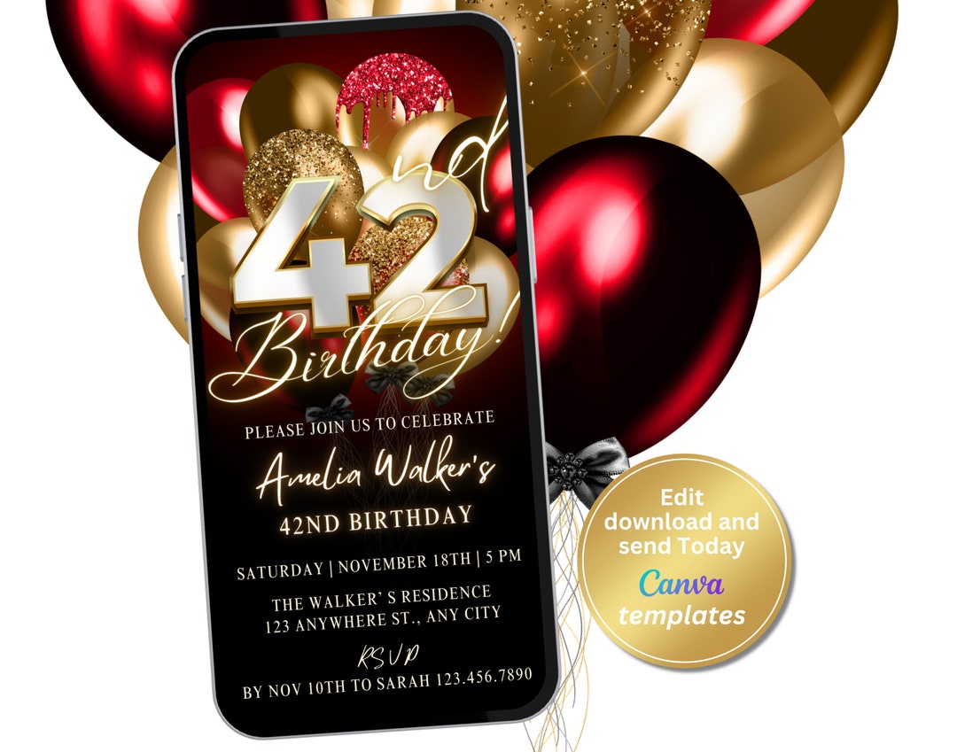 Digital 42nd Birthday Party Invitation for Women, Red Gold Invite ...
