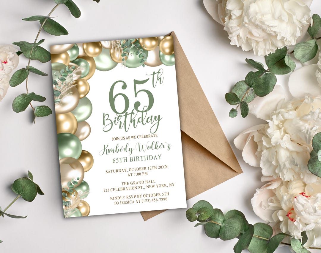 65th Birthday Invitation for Women – Sage Green & Gold Invite ...