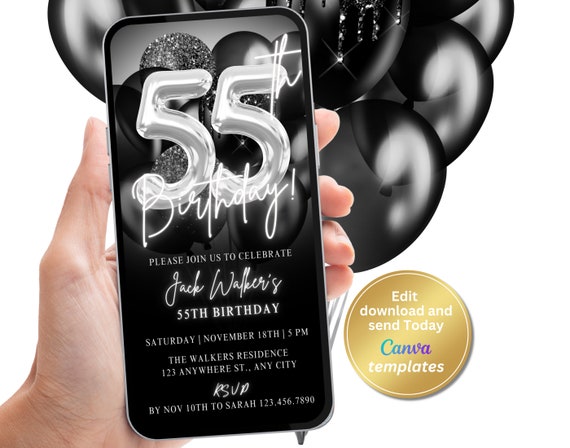 Black And White Birthday Party Invitation For 55 Black & White