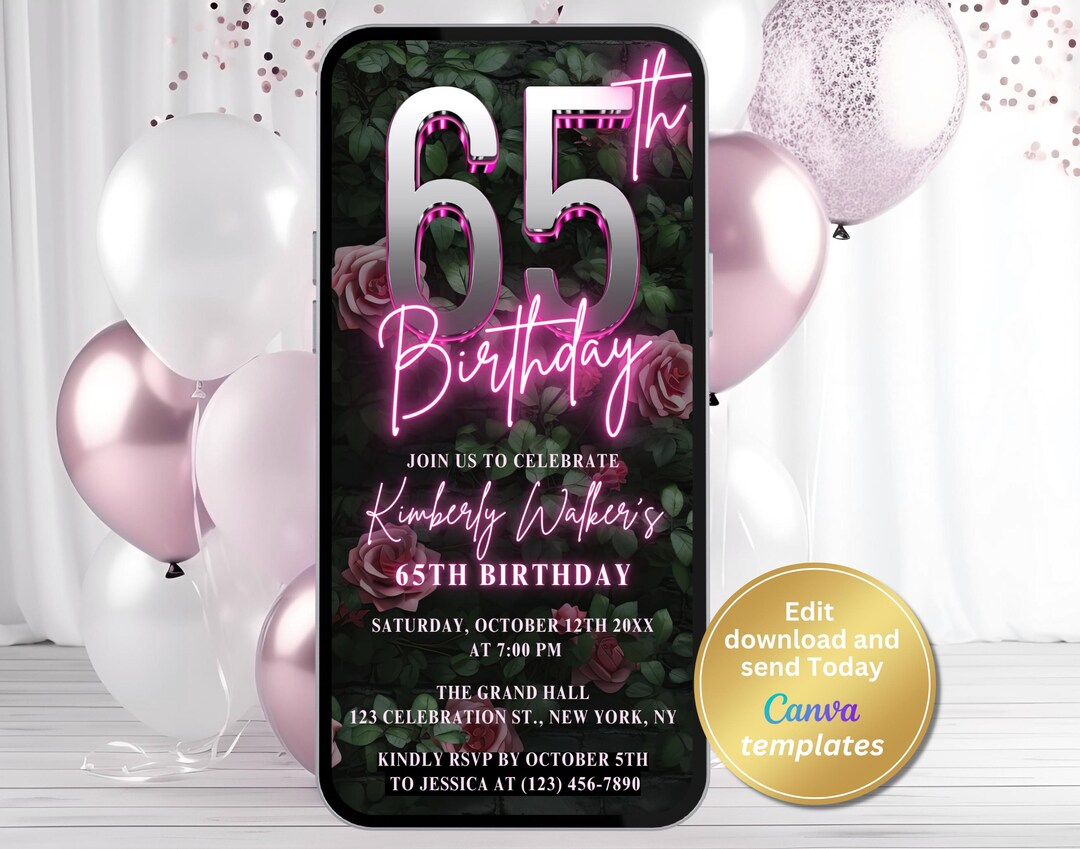 Digital 65th Birthday Party Invitation - 65th Evite - Invitation ...
