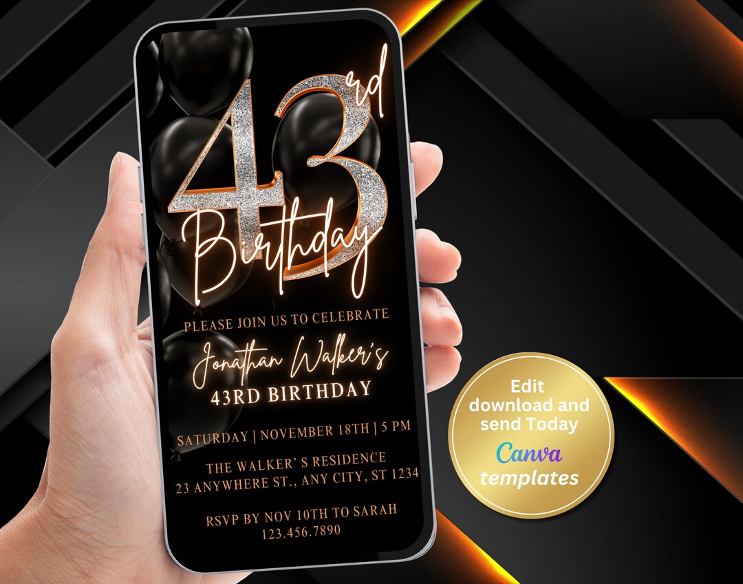 Digital 43rd Birthday Invitation Template, 43rd Bday Invite, Phone Text ...