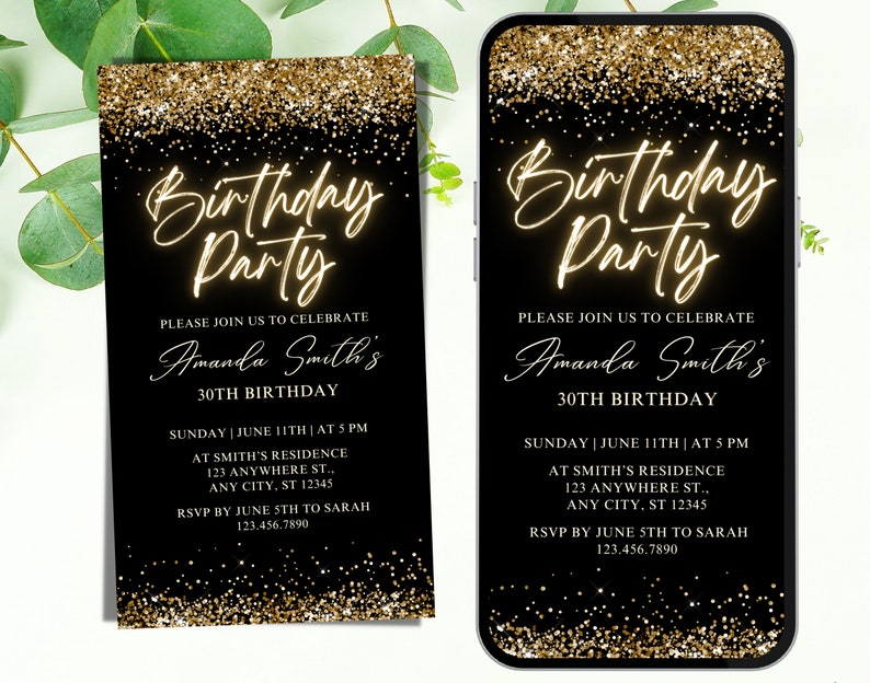 Editable Black Gold Birthday Party Invitation Gold Glitter Etsy