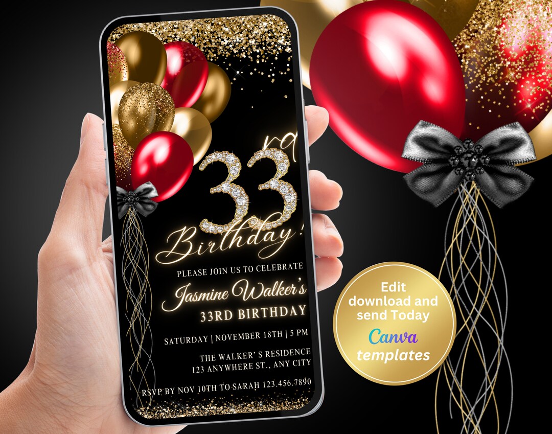 Digital 33rd Birthday Party Invitation, Women Birthday Invite, Red Gold ...