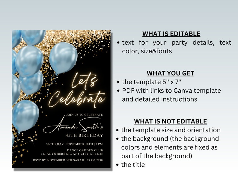 Editable Black Baby Blue Birthday Party Invitation Printable - Etsy