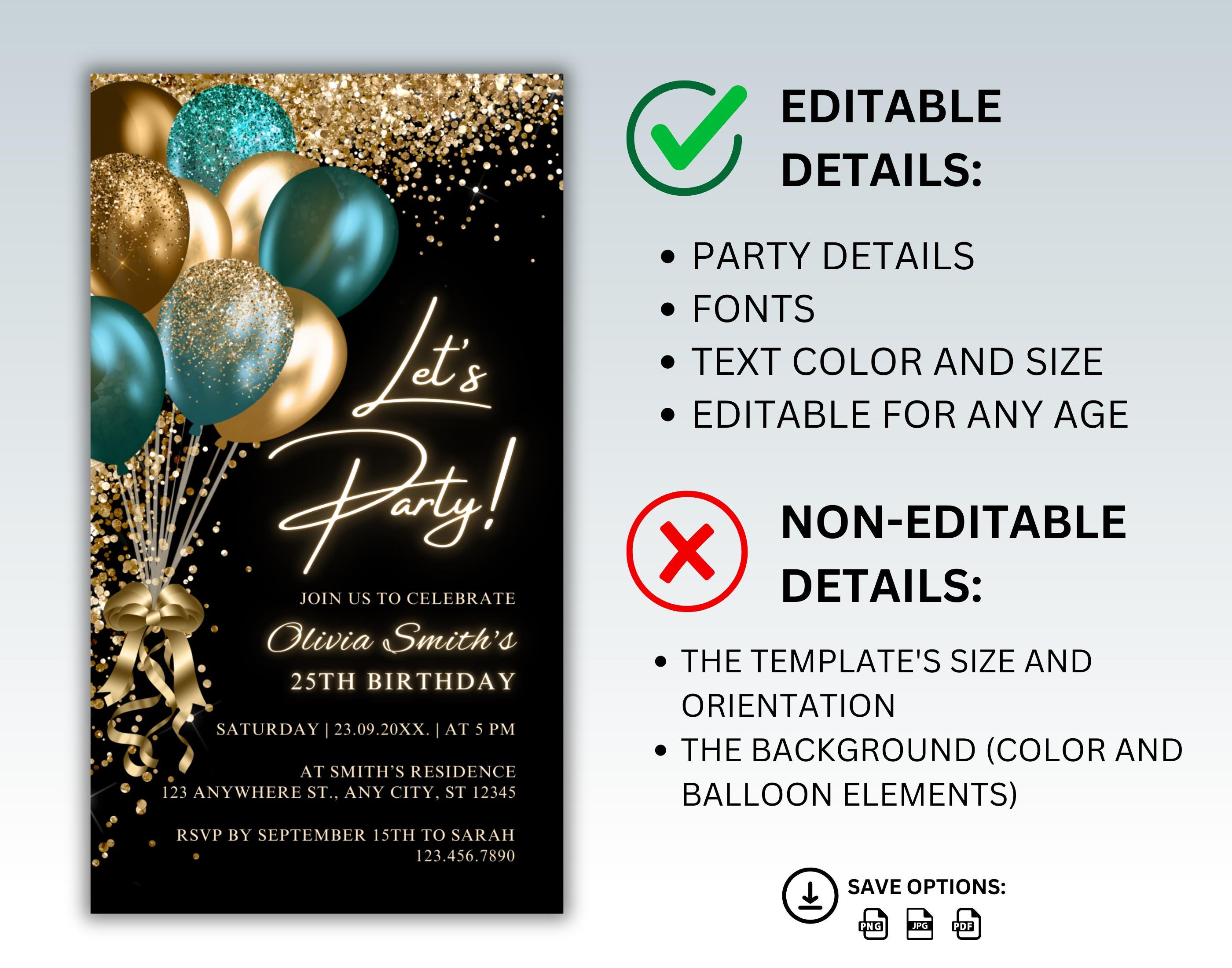 Black Teal Gold Birthday Invitation, Phone Evite (digital Download) - Etsy