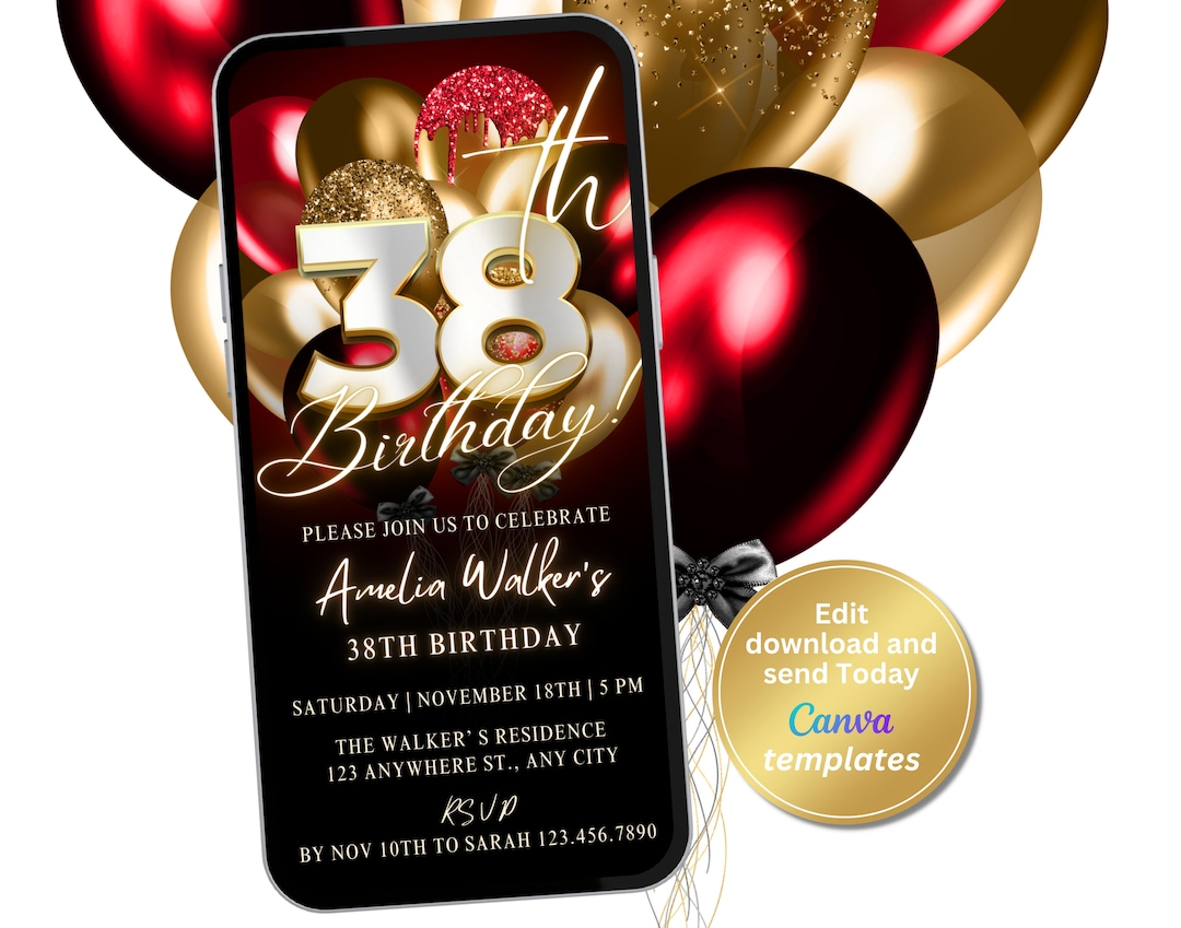 Digital 38th Birthday Party Invitation for Women, Red Gold Invite ...