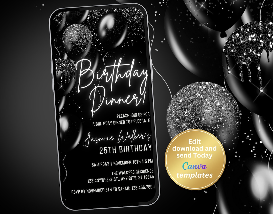 Digital Black Birthday Dinner Invitation, Black Balloons Invite, Text ...