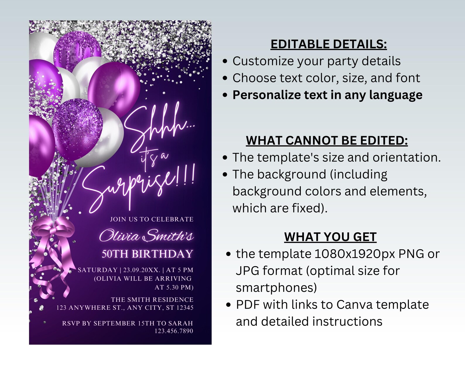 Elegant Digital Purple and Silver Surprise Birthday Party Invitation ...