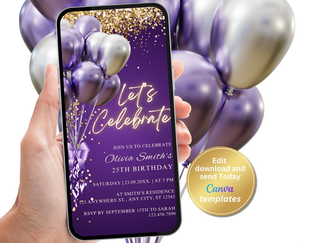 Digital Purple Birthday Party Invitation, Purple Gold Invite, Editable ...
