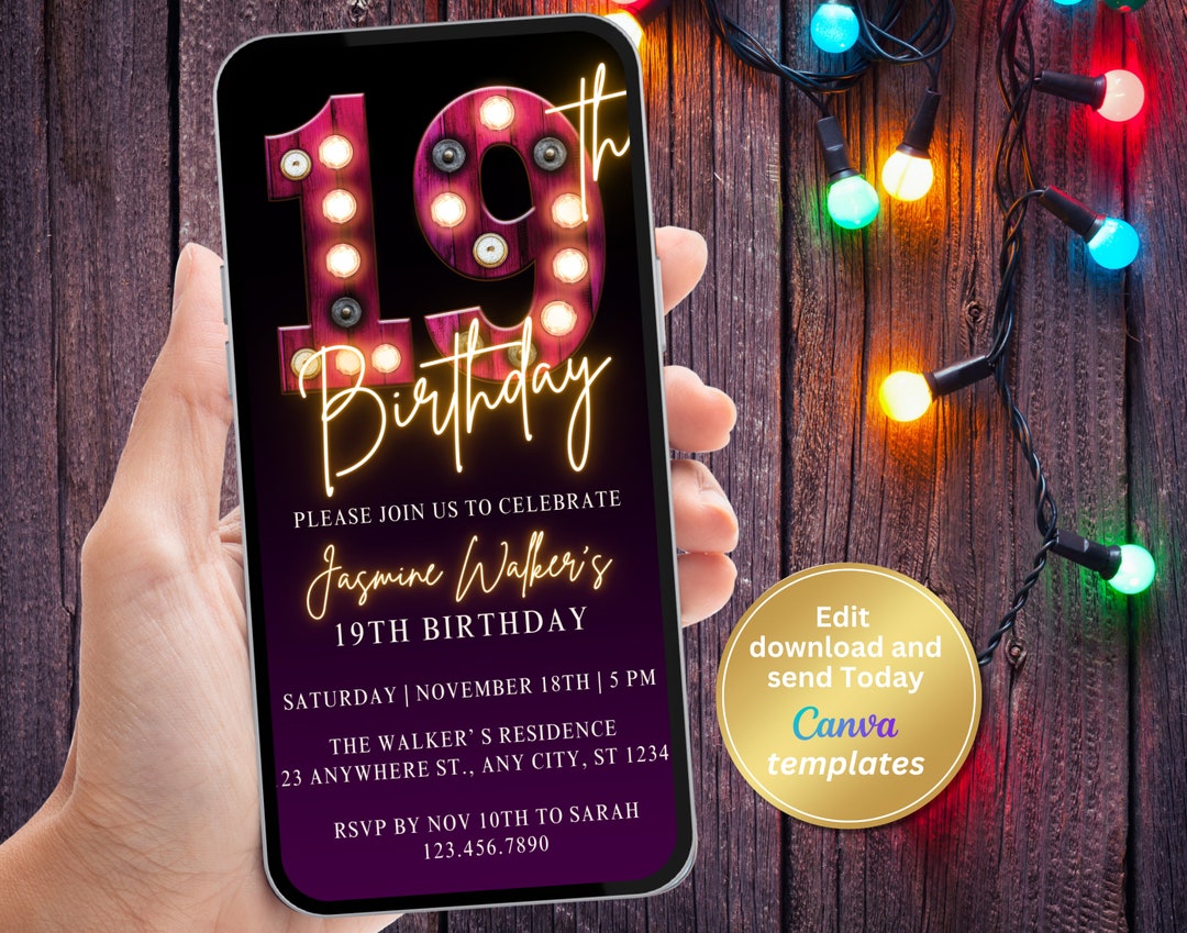 19th Birthday Party Invitation, Marquee Number Invite, Purple, Digital ...