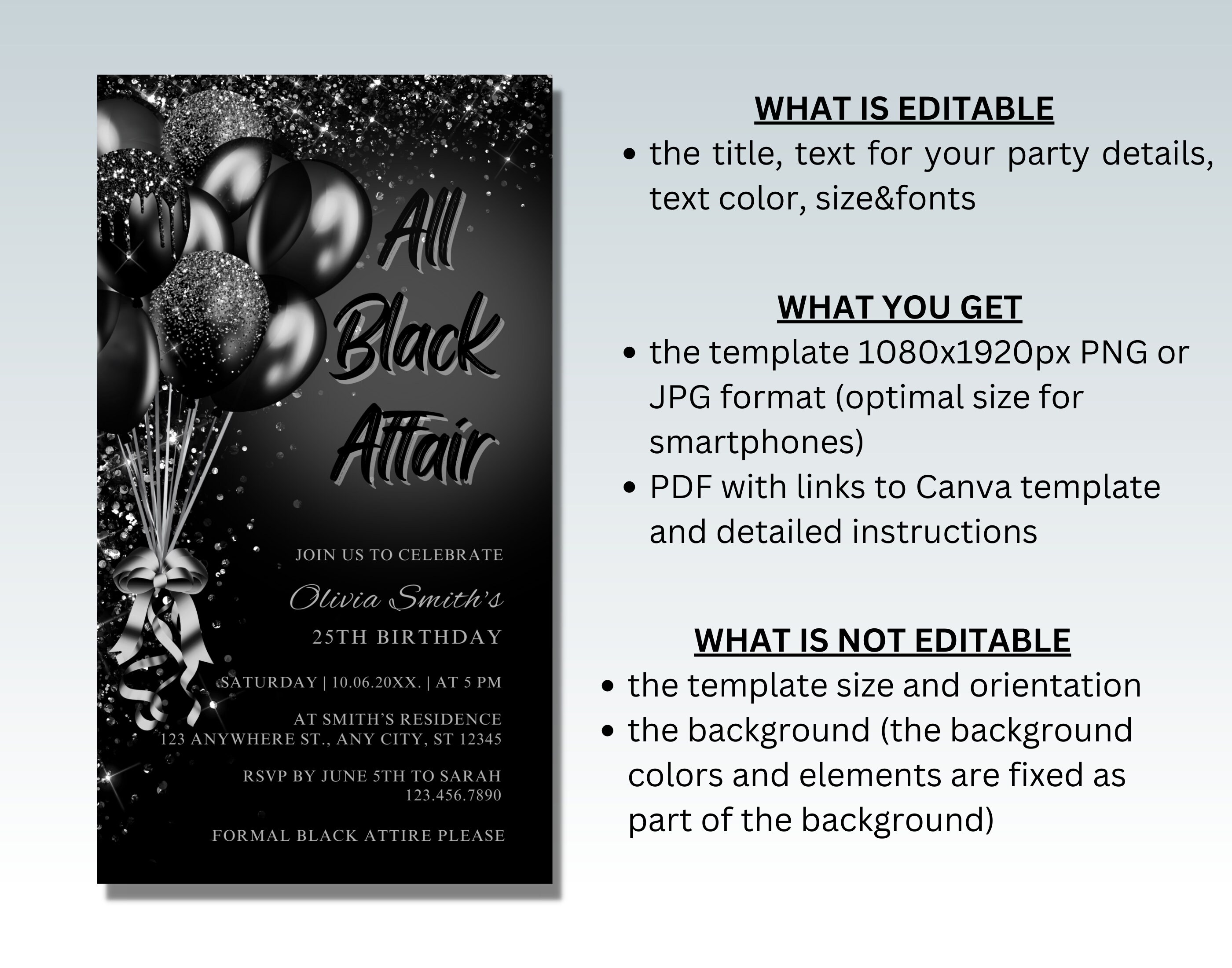 Editable All Black Affair Birthday Invitation, All Black Party, Black ...