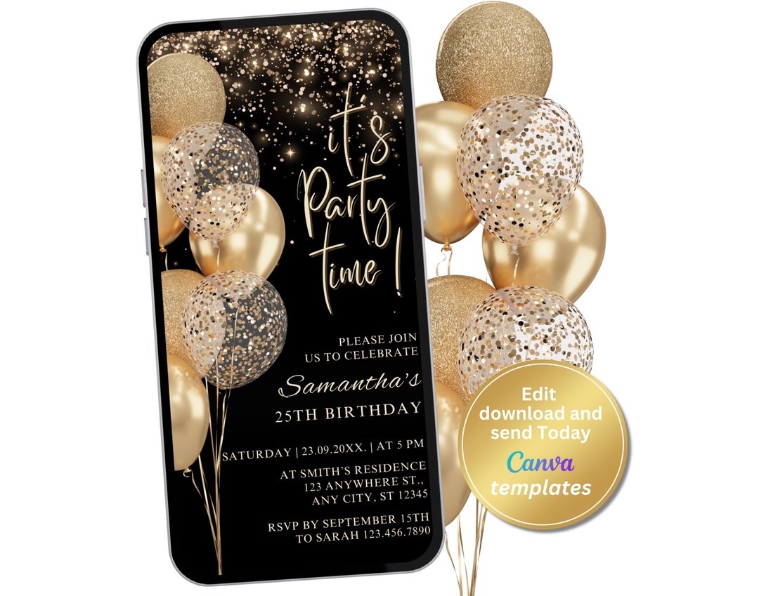 Digital Black Gold Birthday Party Invitation, Mobile Phone Invitation ...