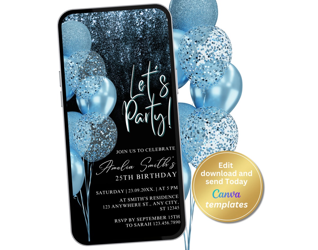 Digital Black Baby Blue Birthday Party Invitation, Black Blue ...