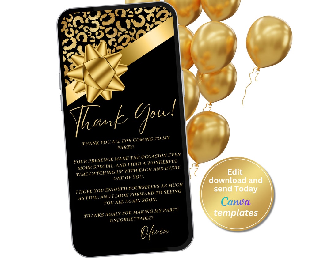 Digital Black Gold Thank You Birthday Message, Electronic Thank You ...