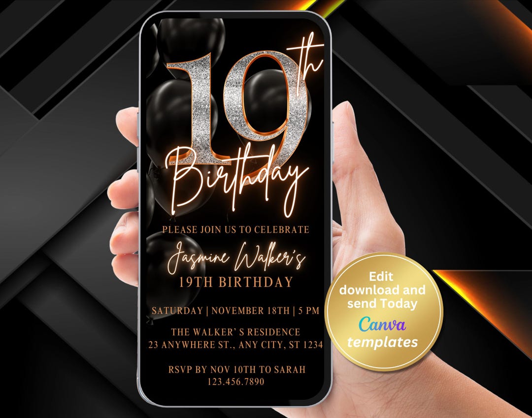 Digital 19th Birthday Invitation Template, 19th Birthday Invite, Phone ...