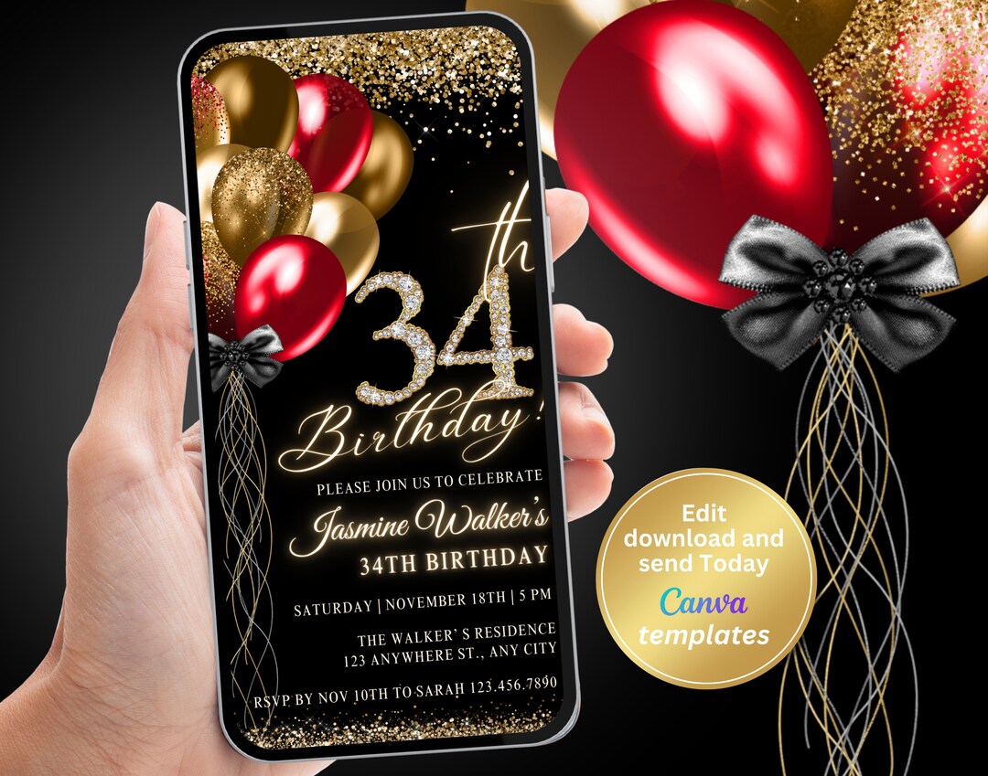 Digital 34th Birthday Party Invitation, Women Birthday Invite, Red Gold ...