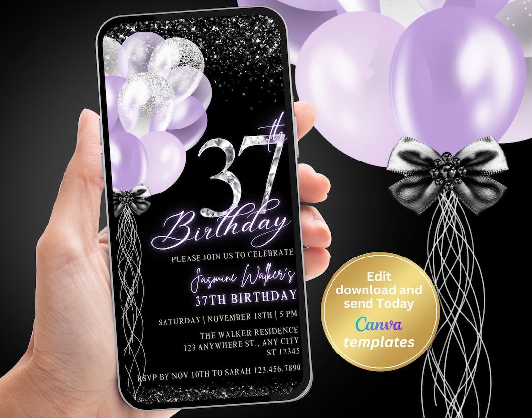 Digital 37th Birthday Party Invitation for Women, Birthday Silver ...
