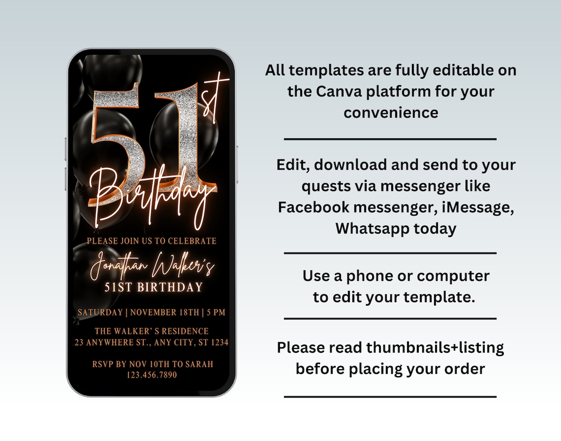 Digital 51st Birthday Invitation Template 51st Bday Invite - Etsy