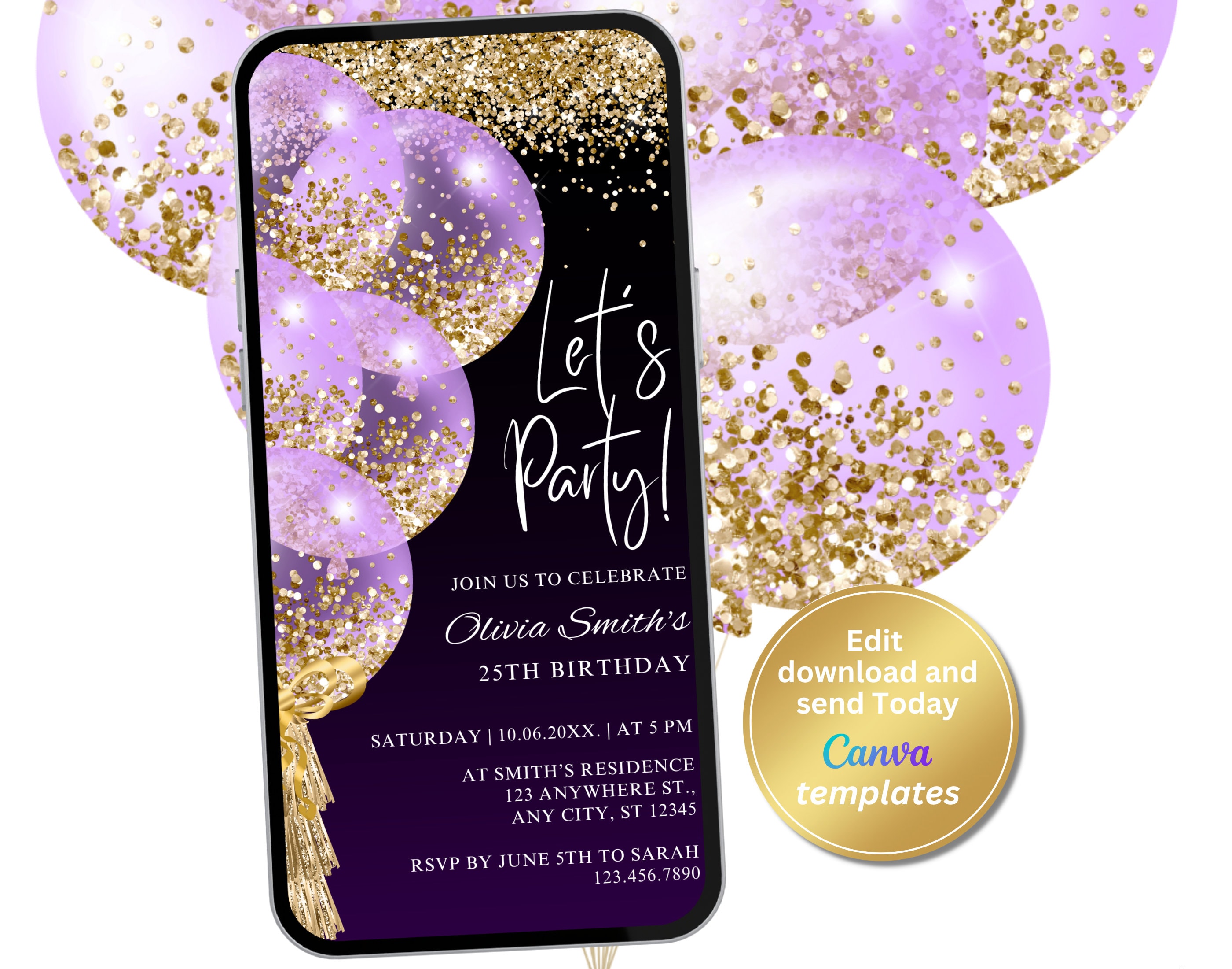 Digital Purple Gold Birthday Party Invitation Editable - Etsy