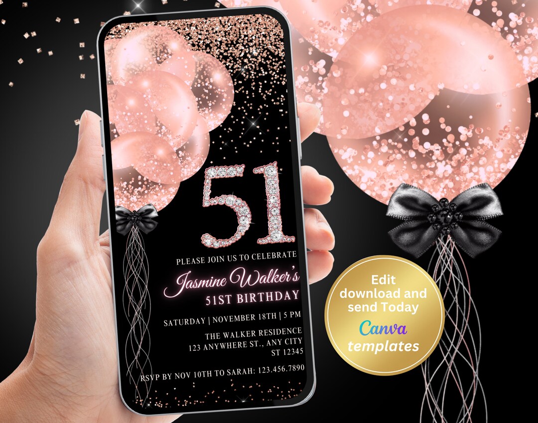 Digital 51st Birthday Party Invitation for Women, Rose Gold Invite ...